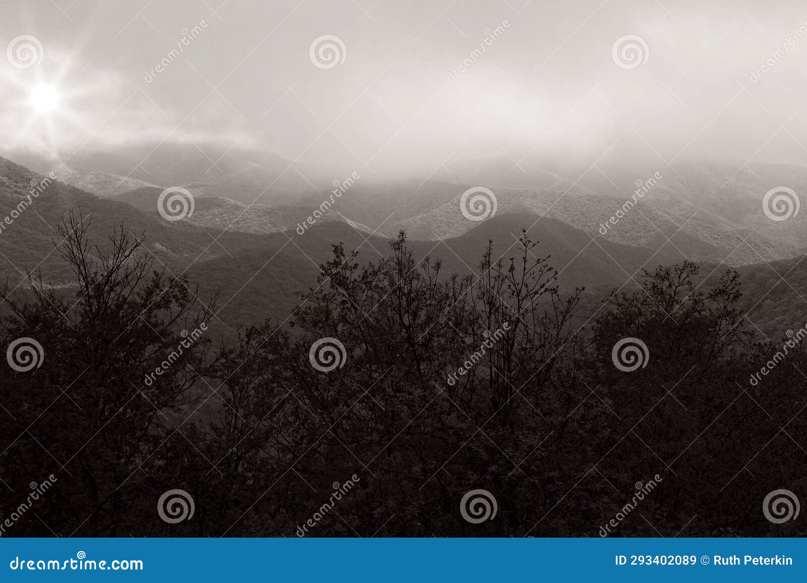 Blue Ridge Mountains, in Black and White with Fog Base Stock Image ...