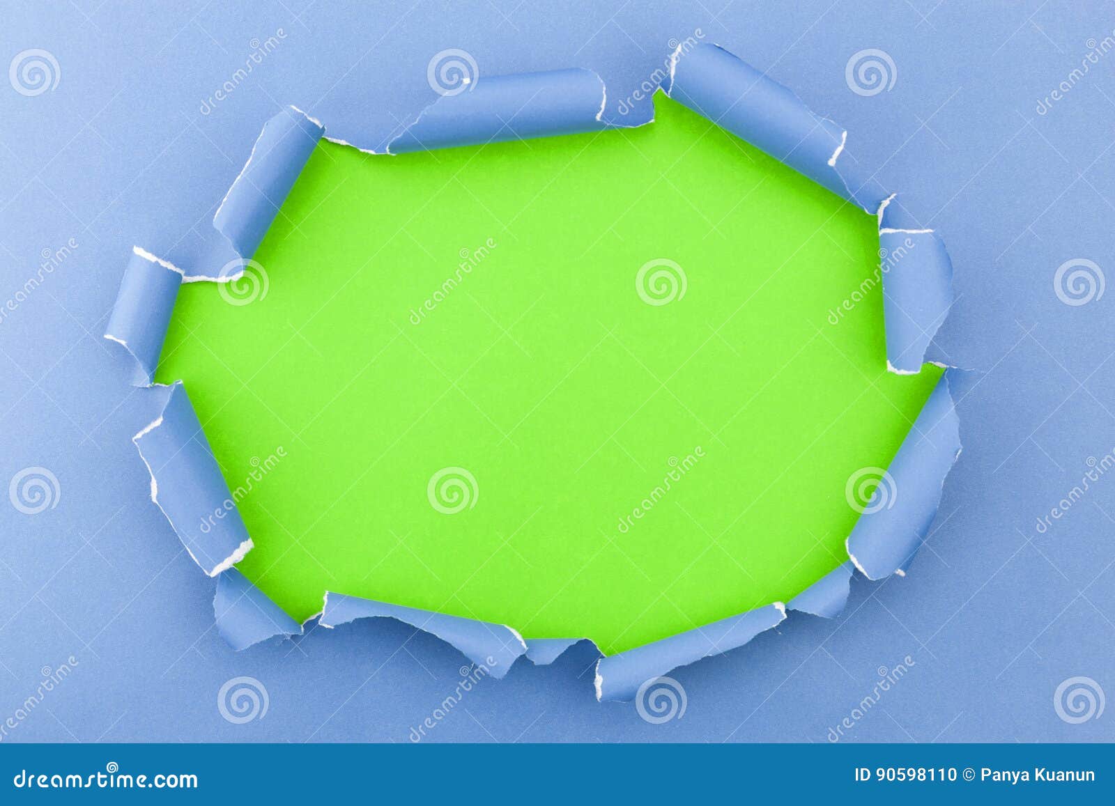 Blue Ripped Open Paper on Green Paper Background. Stock Photo - Image ...