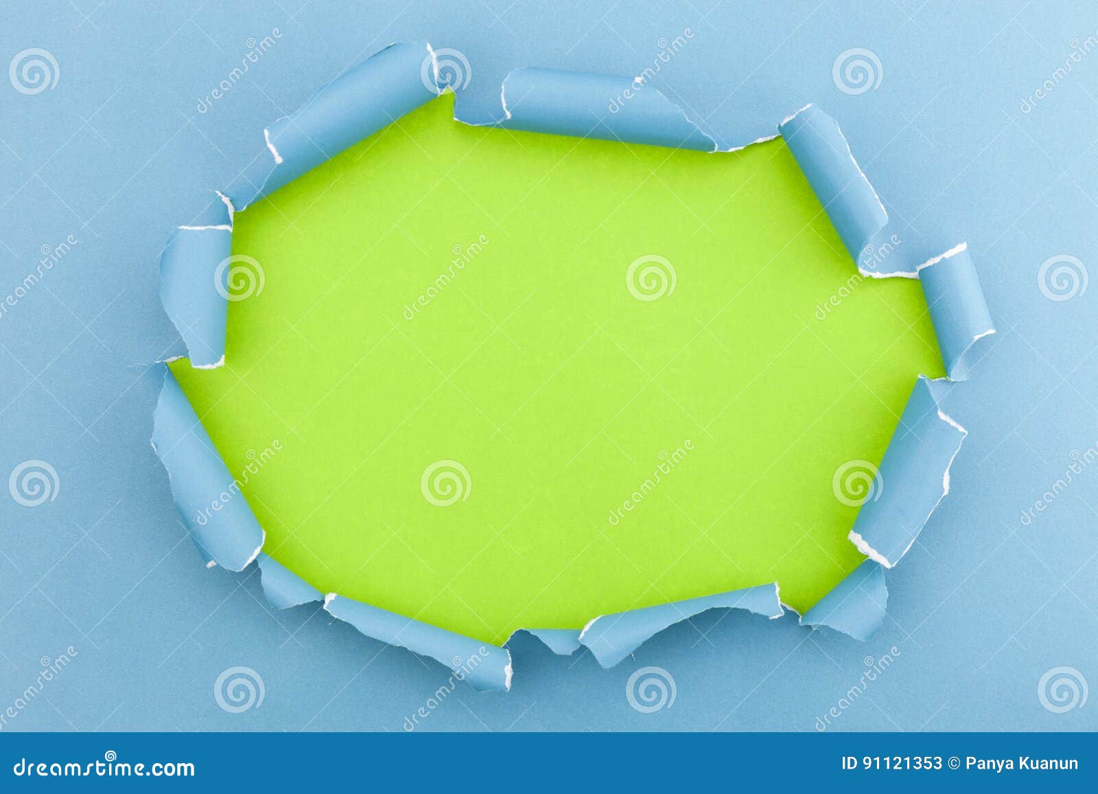 Blue Ripped Open Paper on Green Paper Background. Stock Image - Image ...