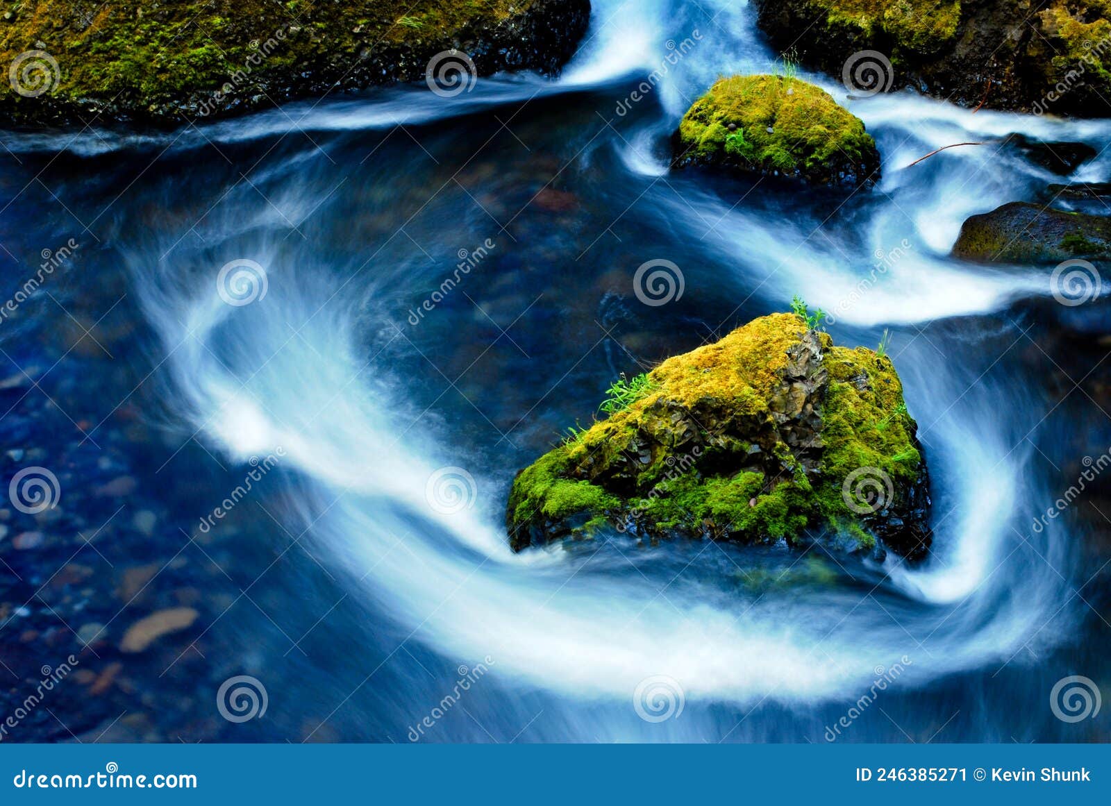 Blue River Water Rushing by Green Moss Covered Rocks Stock Image ...