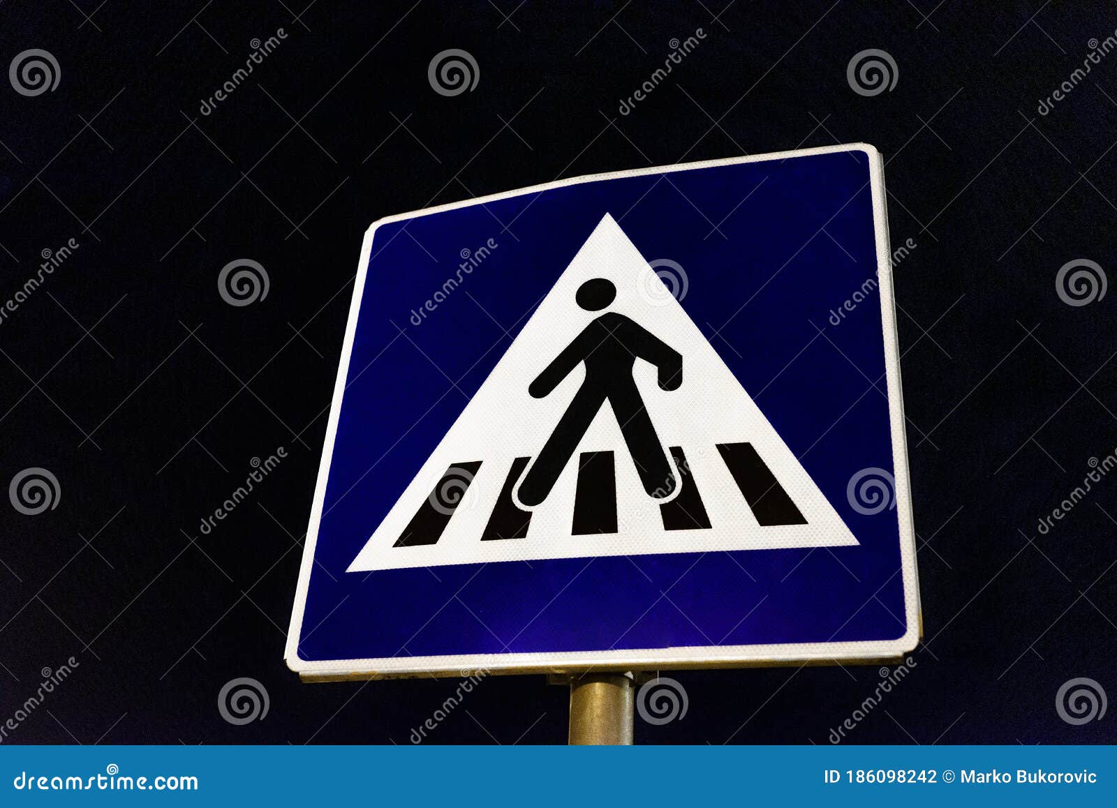 Blue Road Sign Pedestrian Crossing on the Night Stock Photo - Image of ...