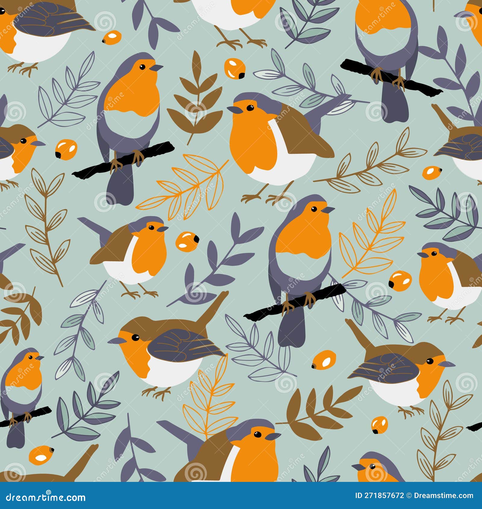 Blue Robin Birds Background Pattern. Cute Little Red Robin Birds ...