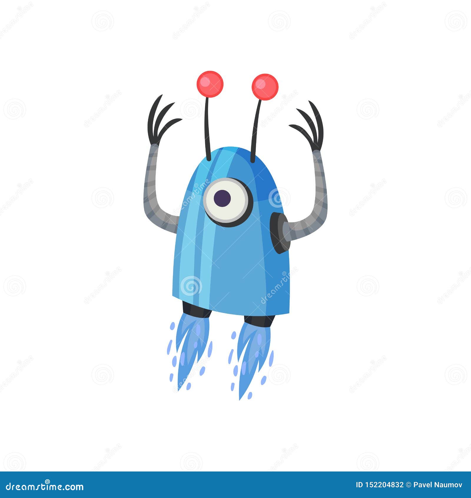 Blue Robot Flying on Two Flames. Vector Illustration on White ...