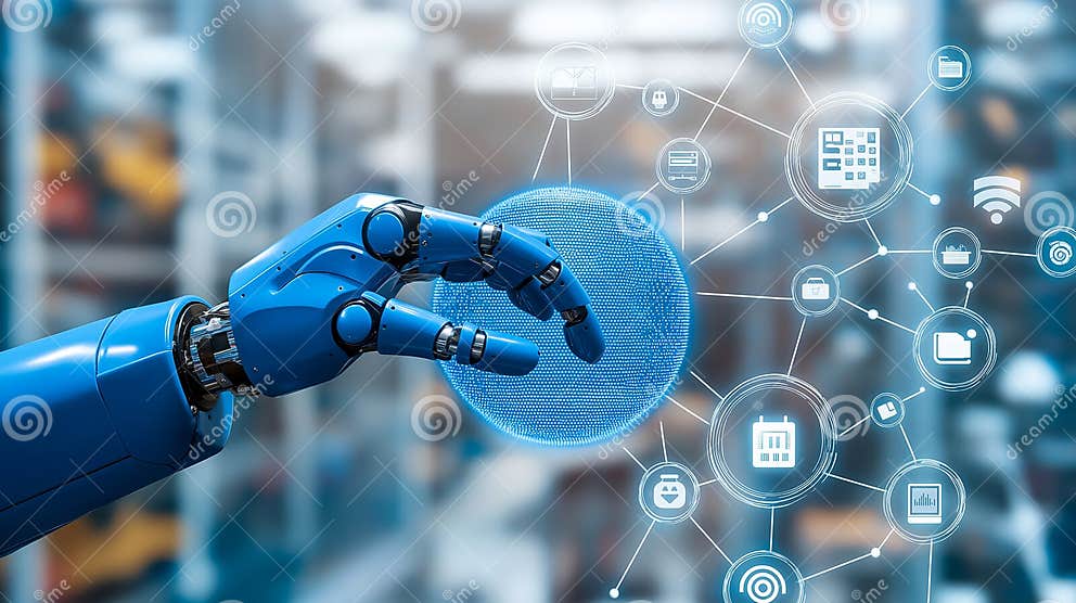 Blue Robotic Arm Interacts with Digital Data Icons Symbolizing ...