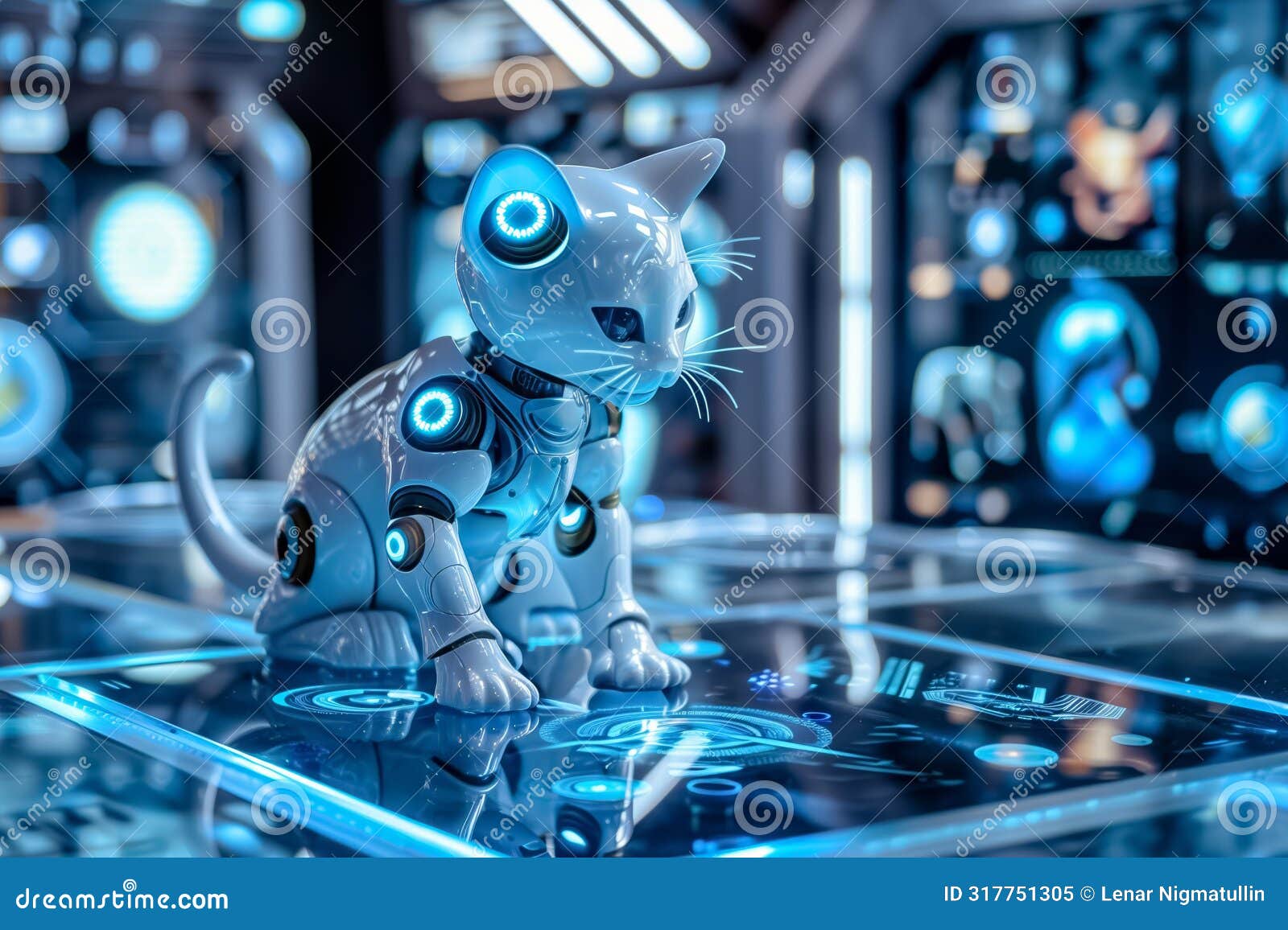 Blue Robotic Cat Exploring a High-tech Facility with Glowing Interfaces ...