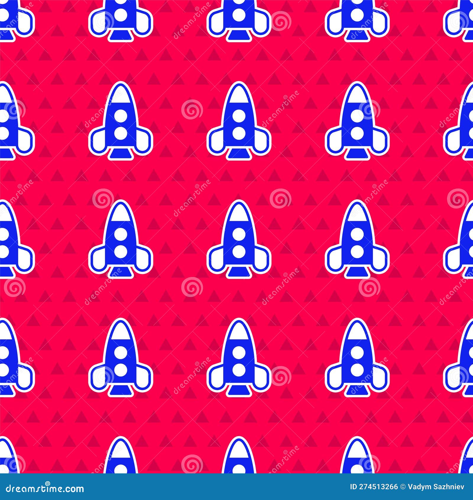 Blue Rocket Ship Toy Icon Isolated Seamless Pattern on Red Background ...