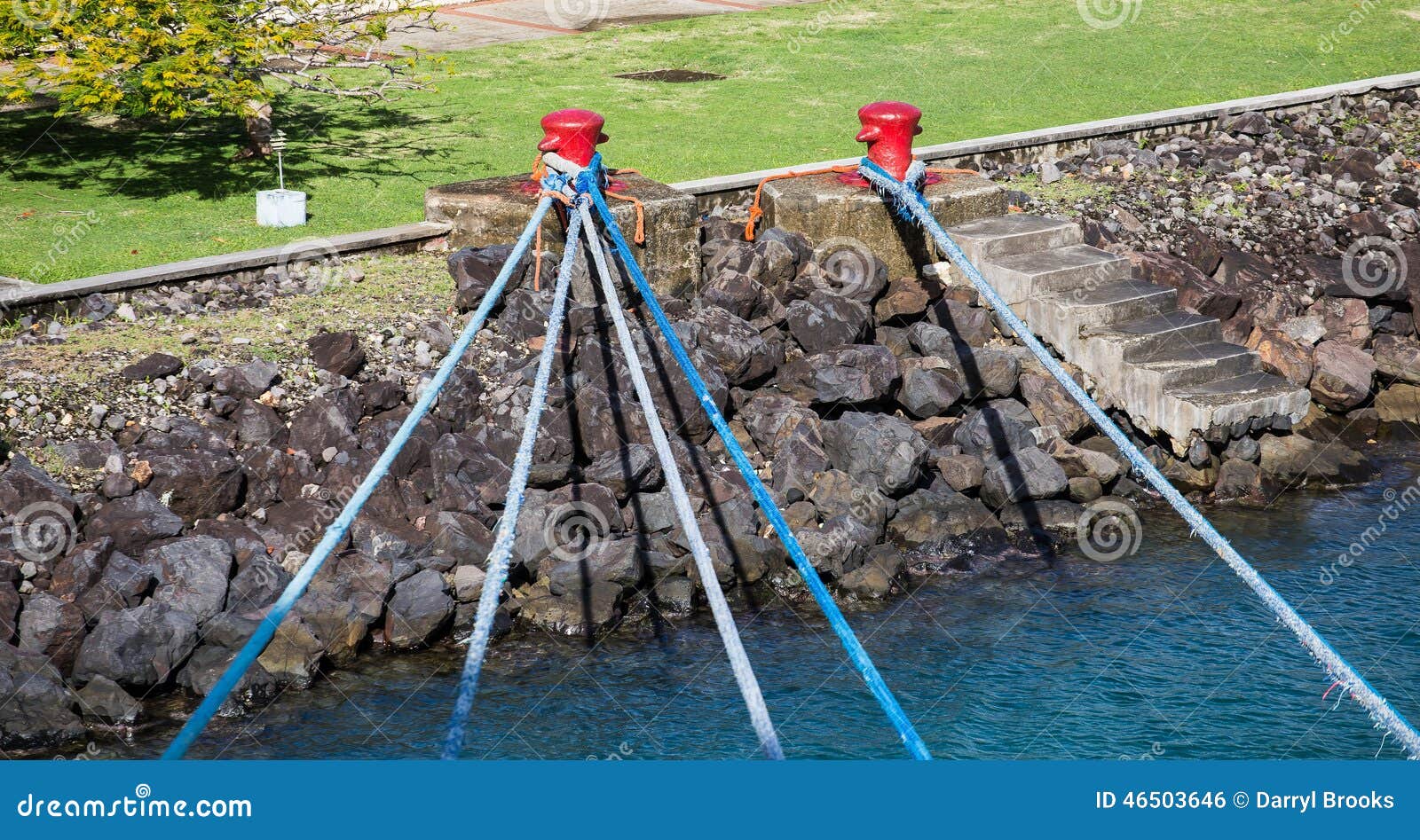 Blue Ropes on Red Bollards stock photo. Image of water - 46503646