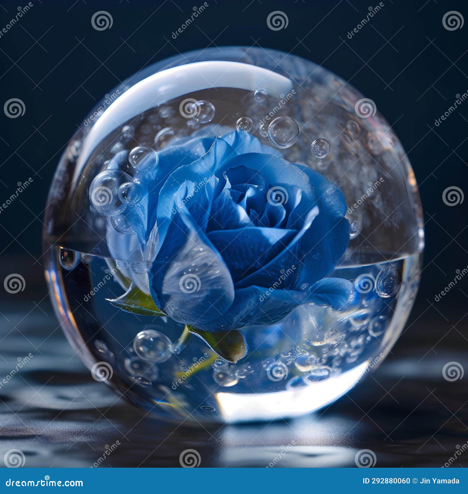 Blue Rose in a Crystal Ball with Water Drops on Blue Background. Stock ...
