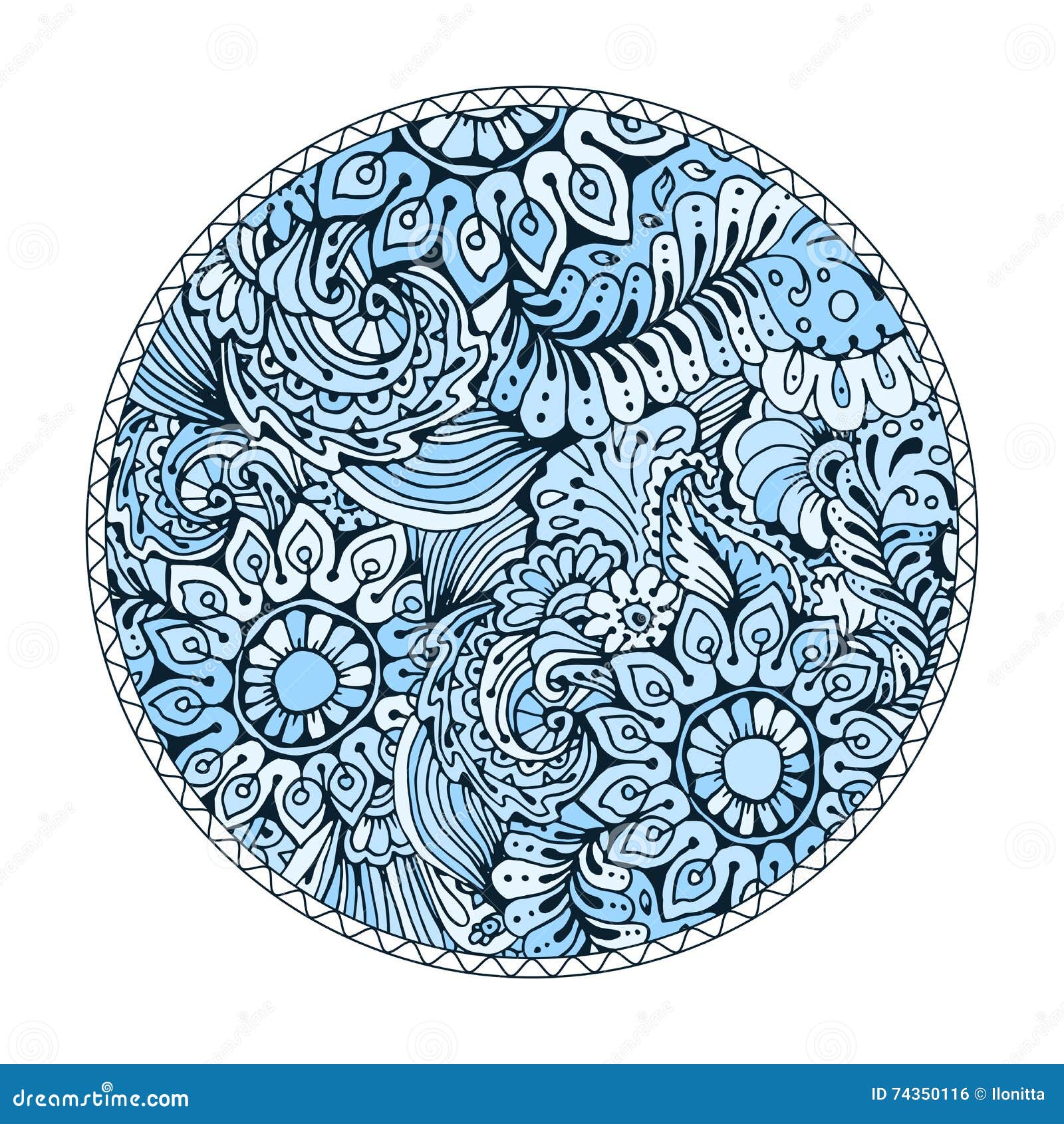 Blue Round Coloring Page Design with Doodle Pattern for Adults. Stock ...