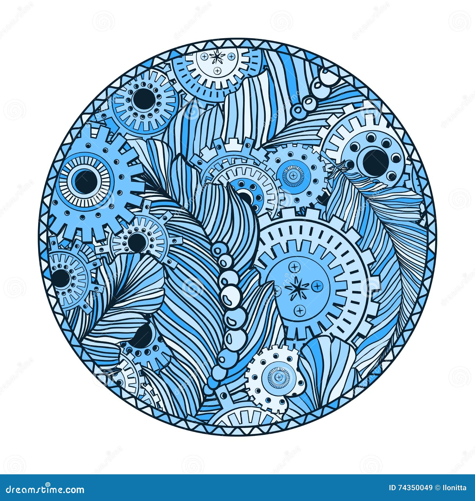 Blue Round Coloring Page Design with Doodle Pattern for Adults. Colored ...
