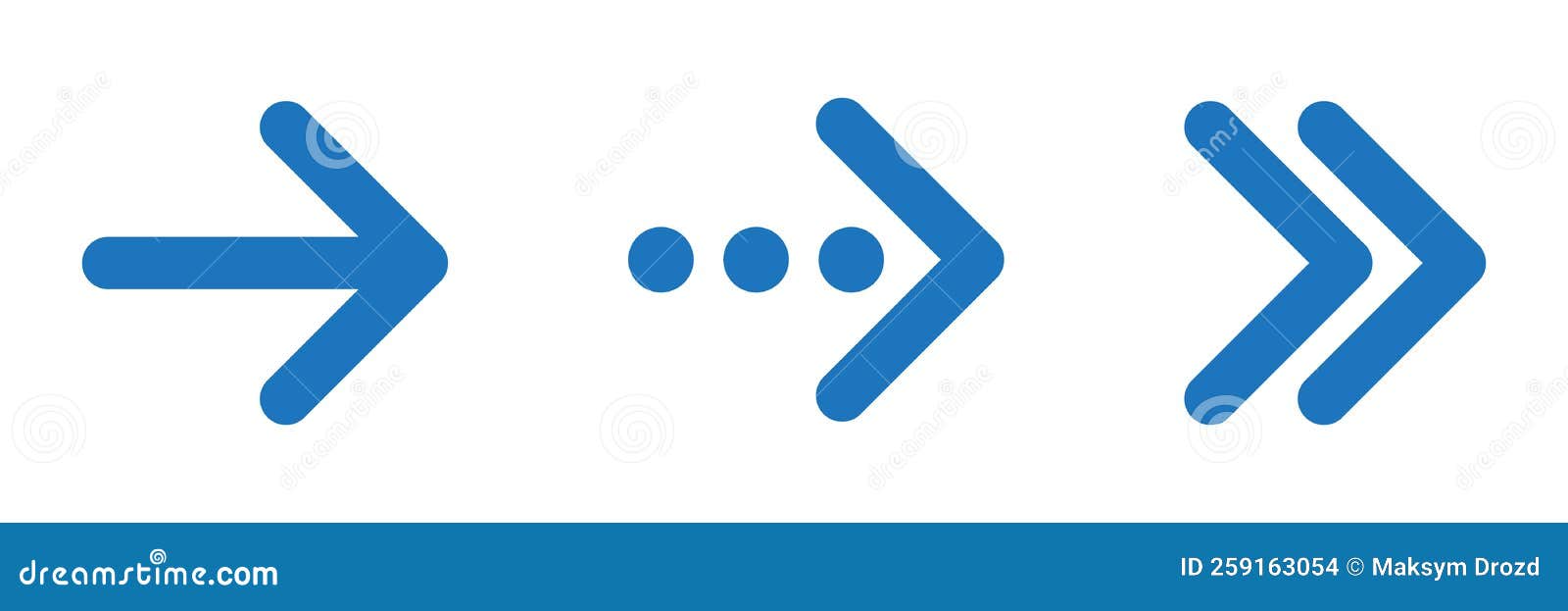Blue Rounded Right Arrows Set. Next, Enter, Swipe, Scroll Button. Flat ...
