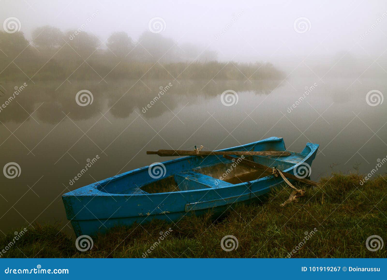Blue rowboat in the fog stock image. Image of pond, drops - 101919267