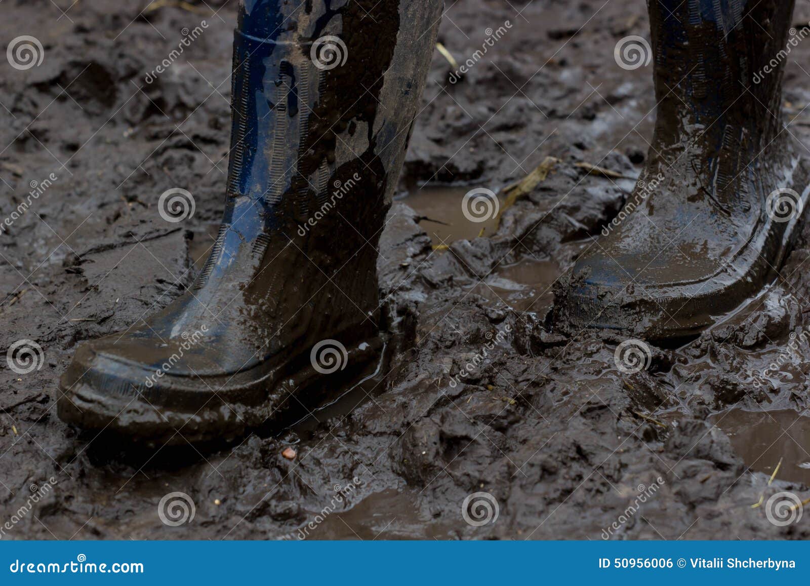 Blue Rubber Boots Covered in Dirt. Gait on the Mud Stock Photo - Image ...