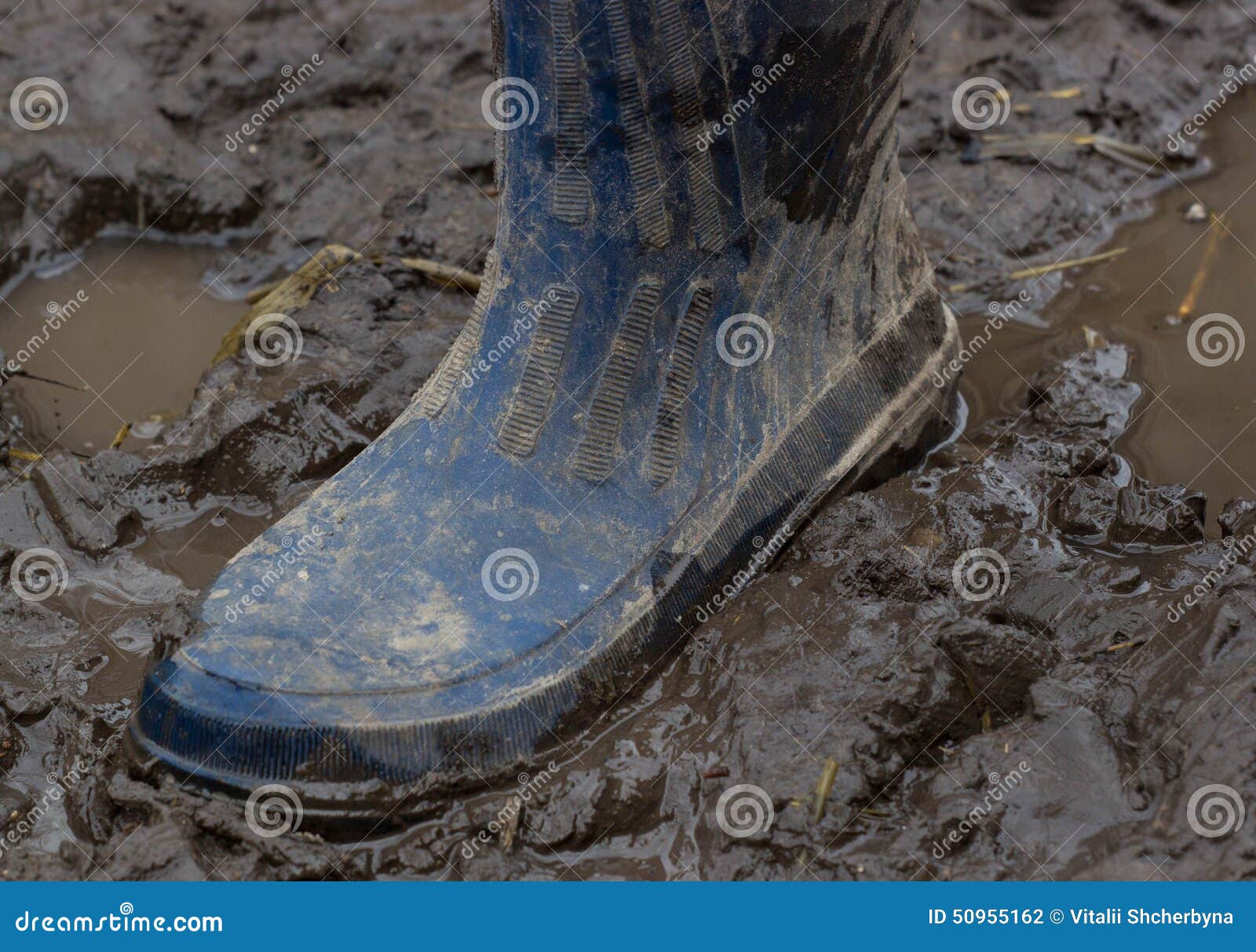 Blue Rubber Boots in the Mud after Rain. Close-up. Stock Photo - Image ...