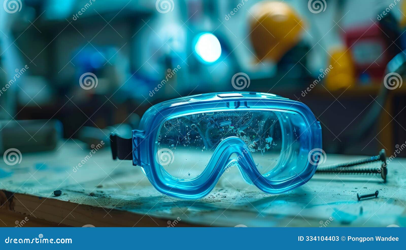 Blue Safety Goggles on a Workbench with Tools Stock Illustration ...