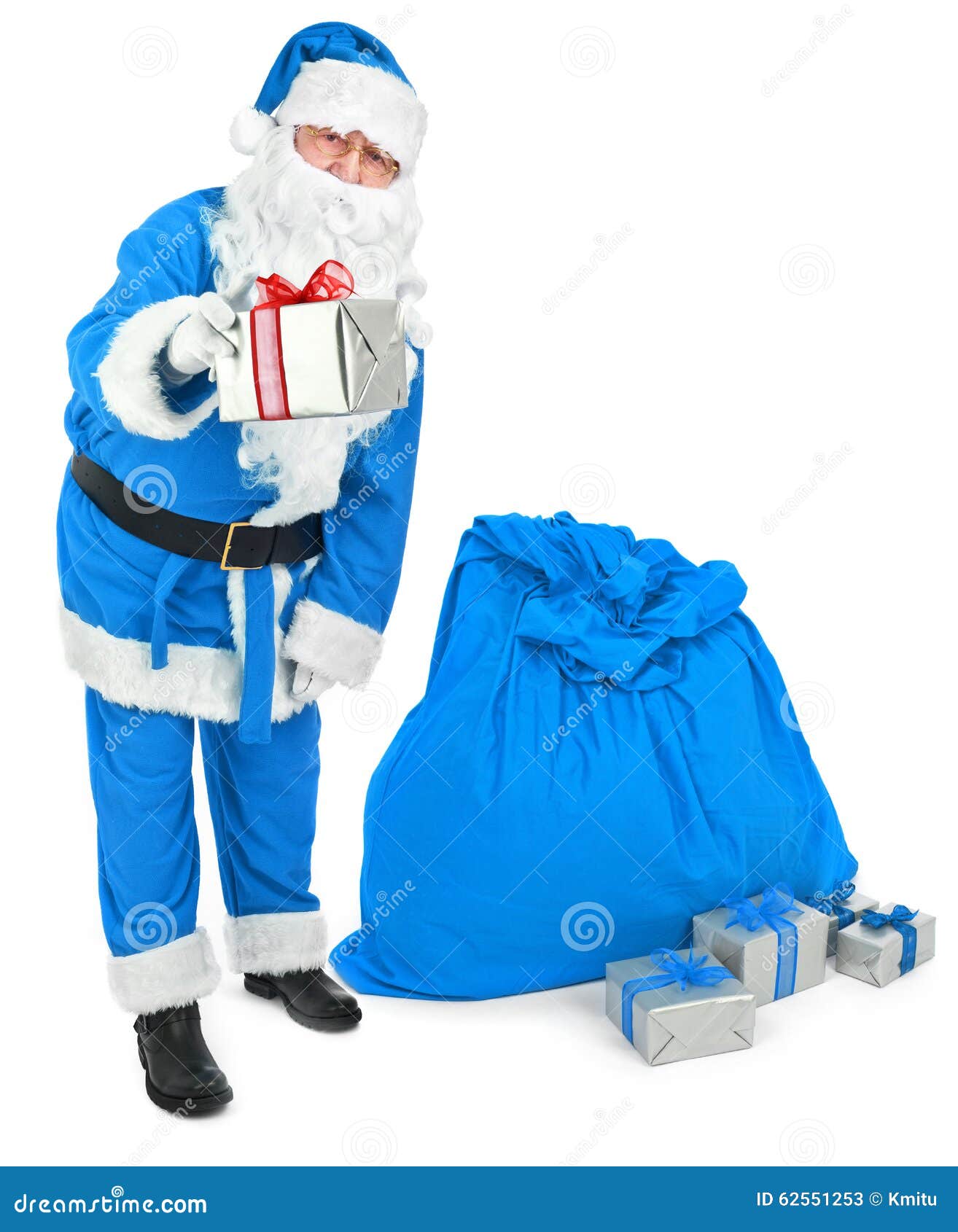 Blue Santa gives a present stock image. Image of holiday - 62551253