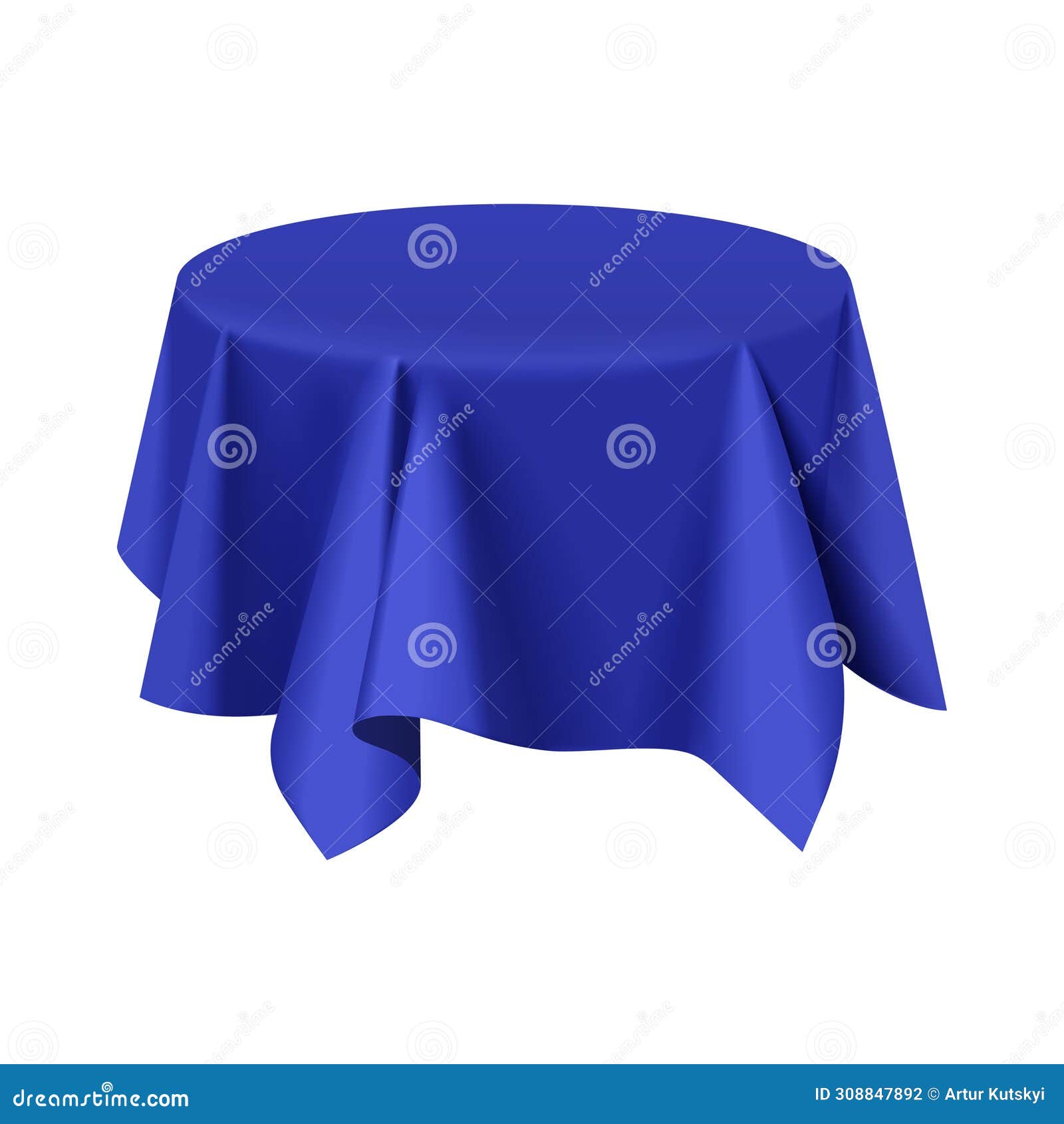 Blue Satin Tablecloth Covered Round Table, 3D Pedestal Draped with ...