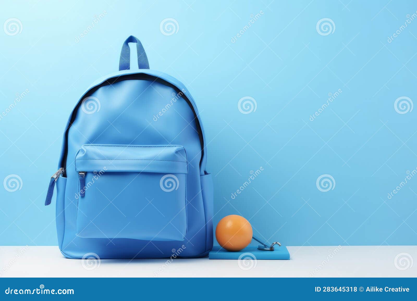 Blue School Backpack and Orange Ball on a Blue Background. 3d Rendering ...