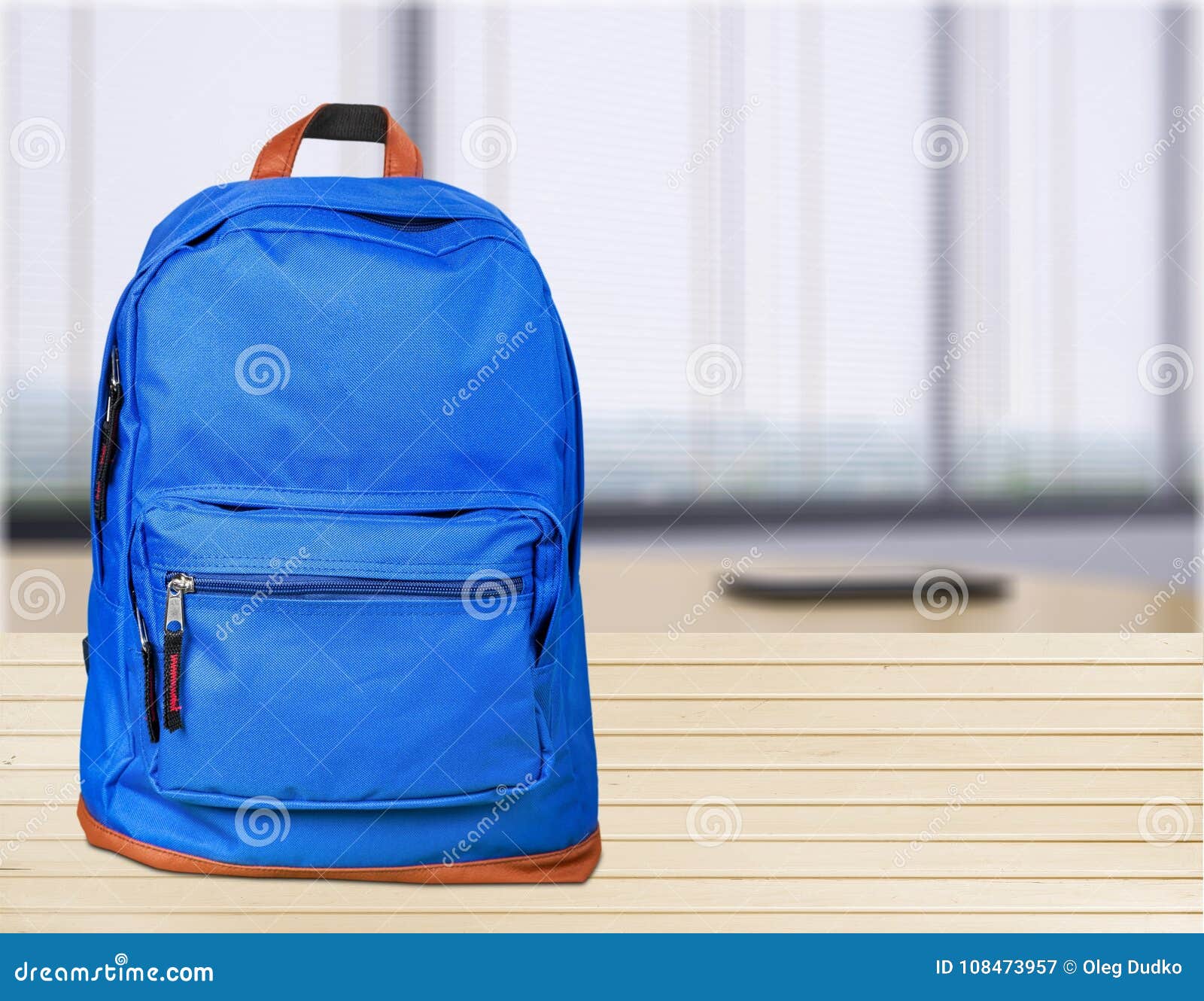 Blue School Backpack on Wooden Table Stock Image - Image of rucksack ...