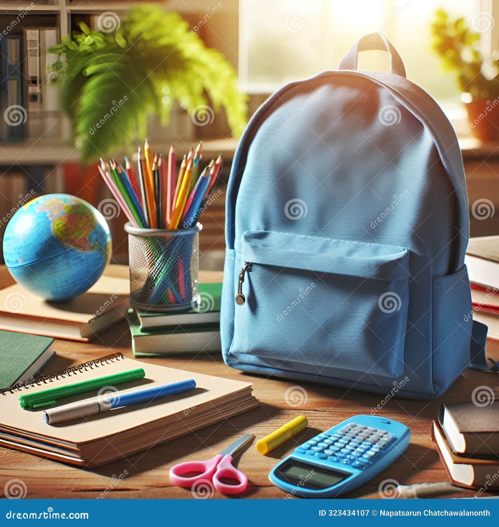 Classroom Scene: Blue Bag on Desk, Generative AI. Stock Illustration ...