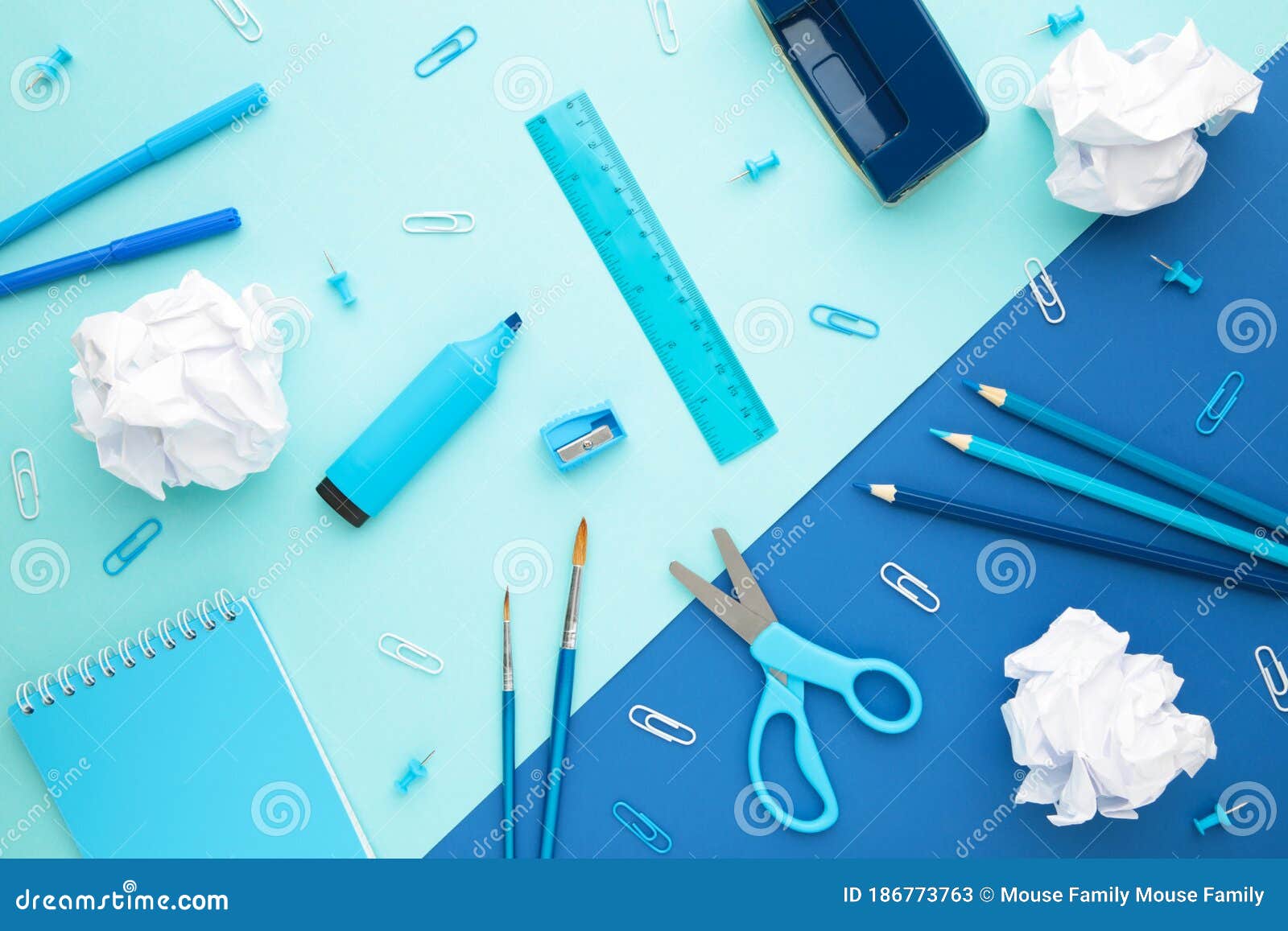 Blue School Supplies on Blue Background. Back To School. Flat Lay Stock ...