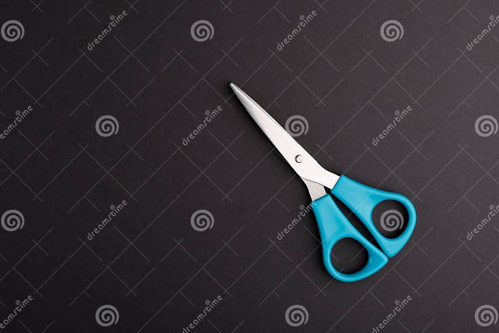 Blue Scissors on Black Background, Closed Scissors, Top View Stock ...