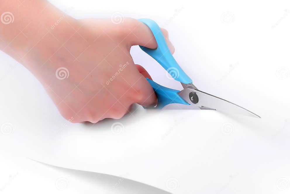 Blue Scissors Cutting White Paper. Stock Image - Image of metallic ...
