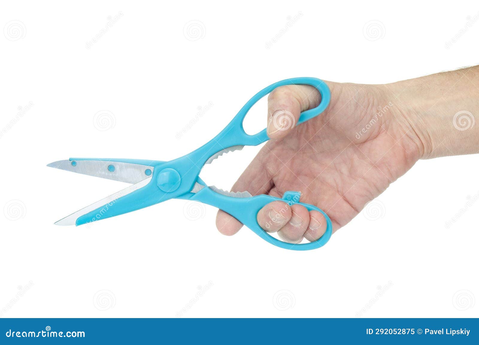 Blue Scissors in Hand Close Up on White Background Stock Image - Image ...