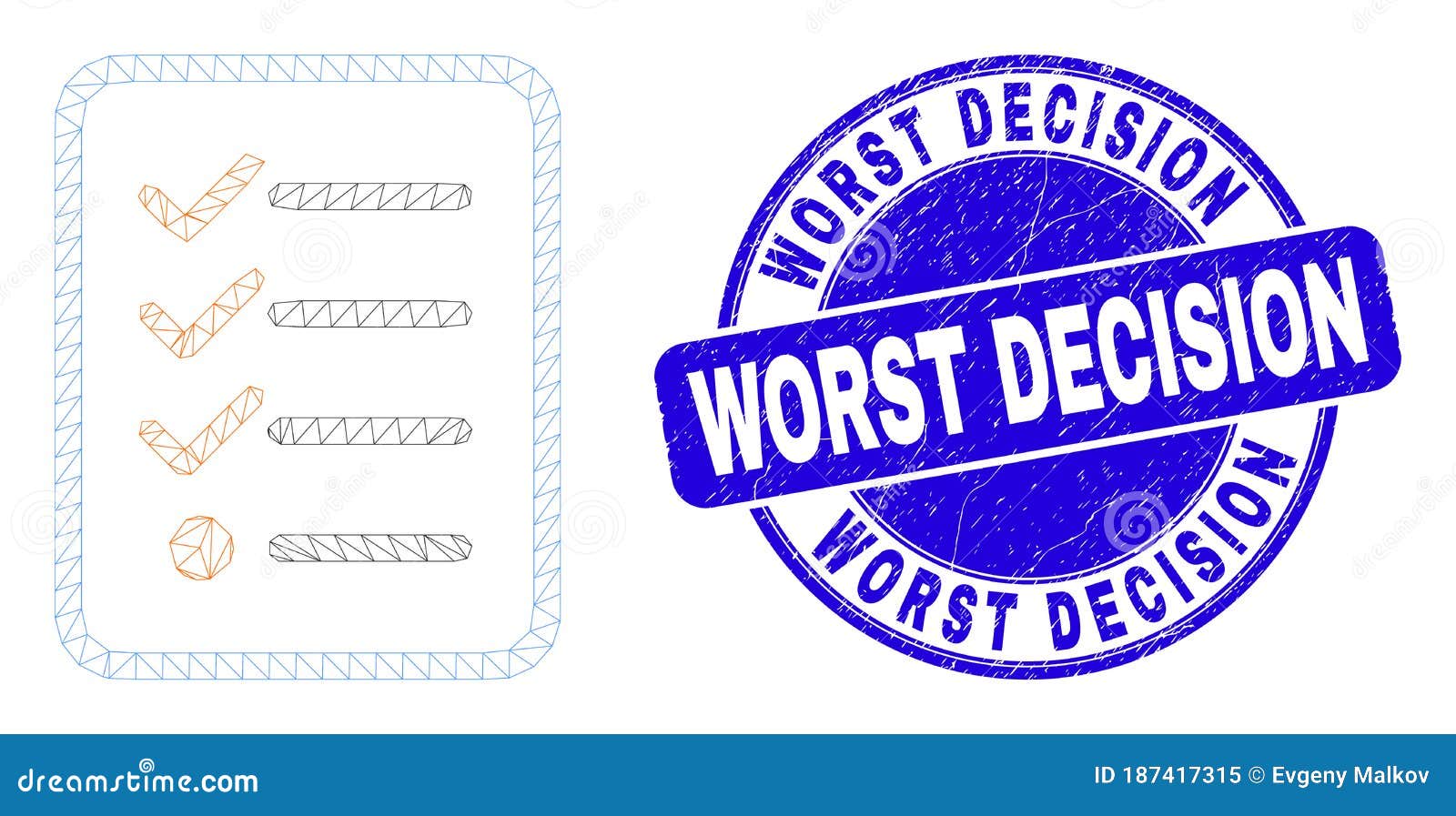 Blue Scratched Worst Decision Stamp and Web Mesh Items List Page Stock ...
