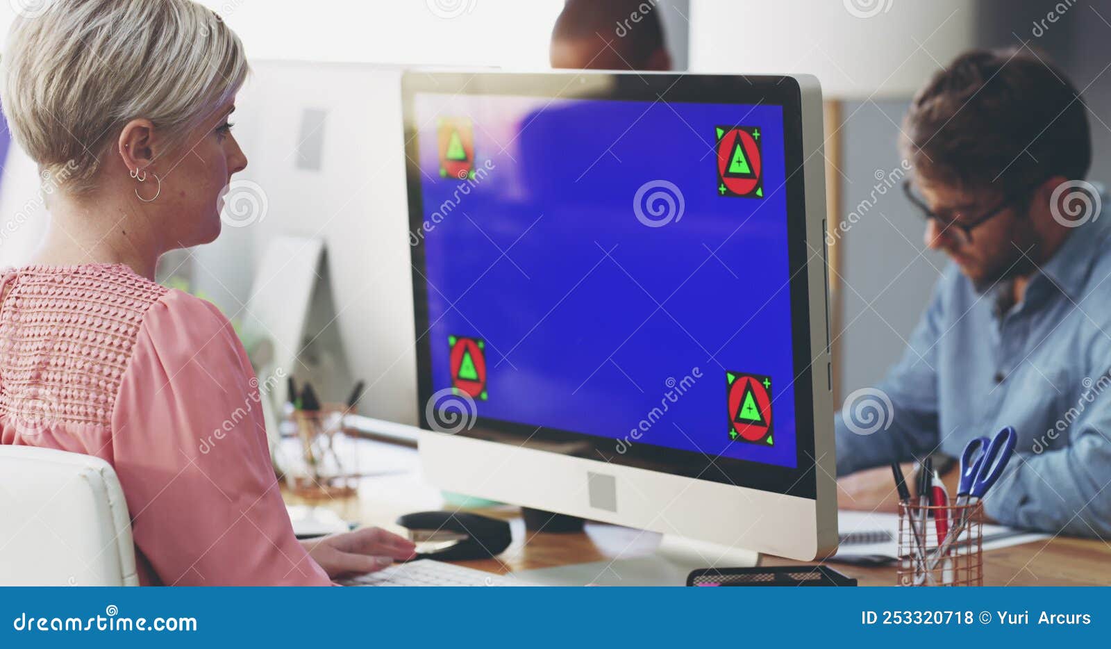 Blue Screen, Copyspace and Chroma Key on a Computer Screen with ...