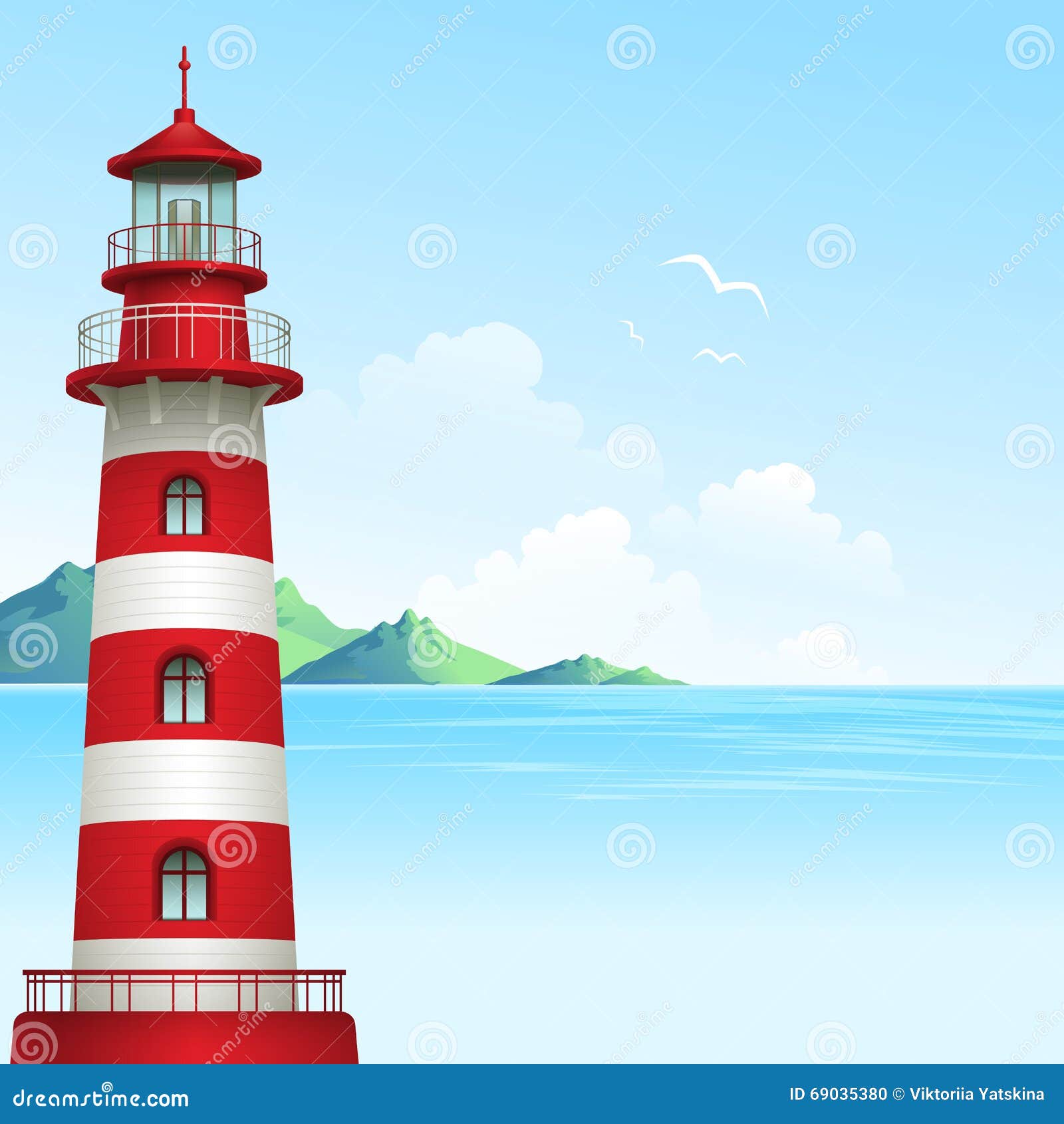 Blue Sea Background with Waves and Lighthouse. Vector Illustration ...