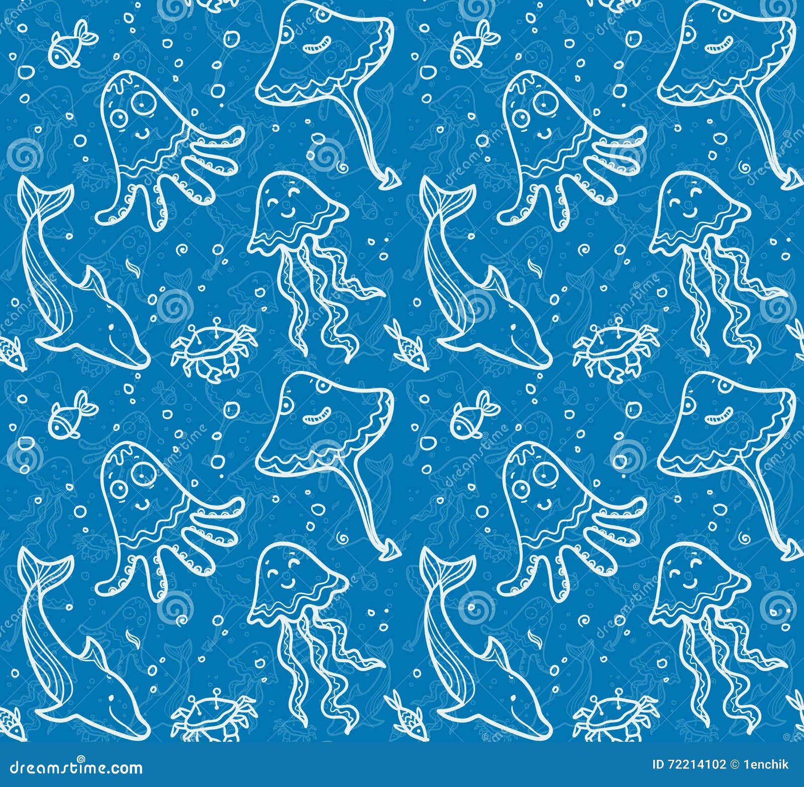 Blue Sea Life Background with White Doodle Style Ocean Creatures Stock ...