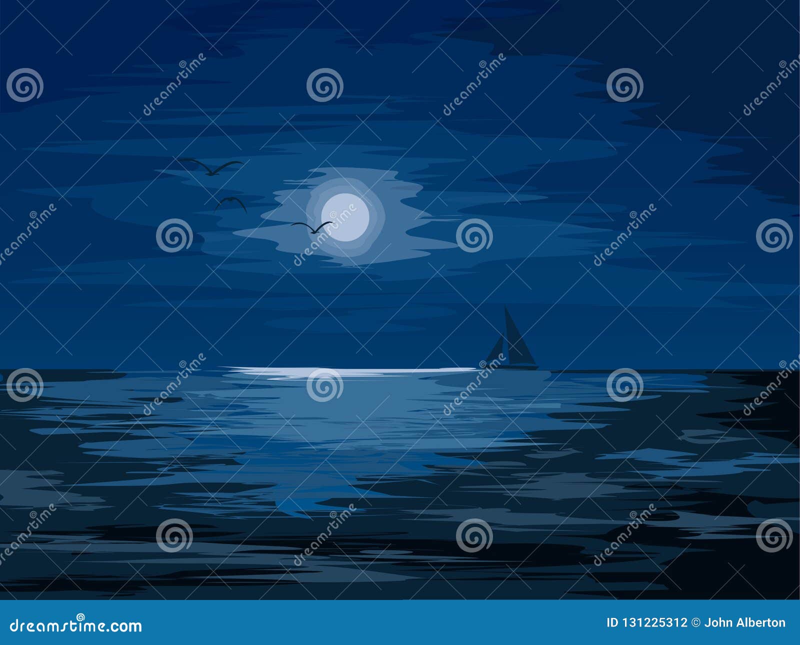 Blue sea in midnight stock illustration. Illustration of blue - 131225312