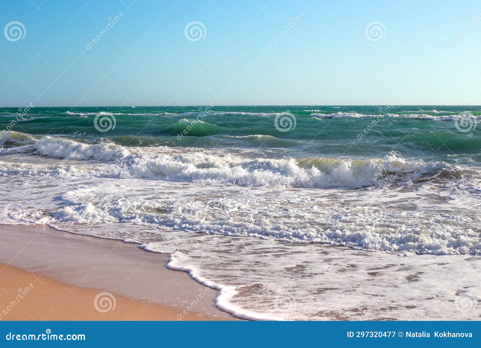 Blue Sea with Raging Waves and Sandy Shore. Seascape Stock Image ...
