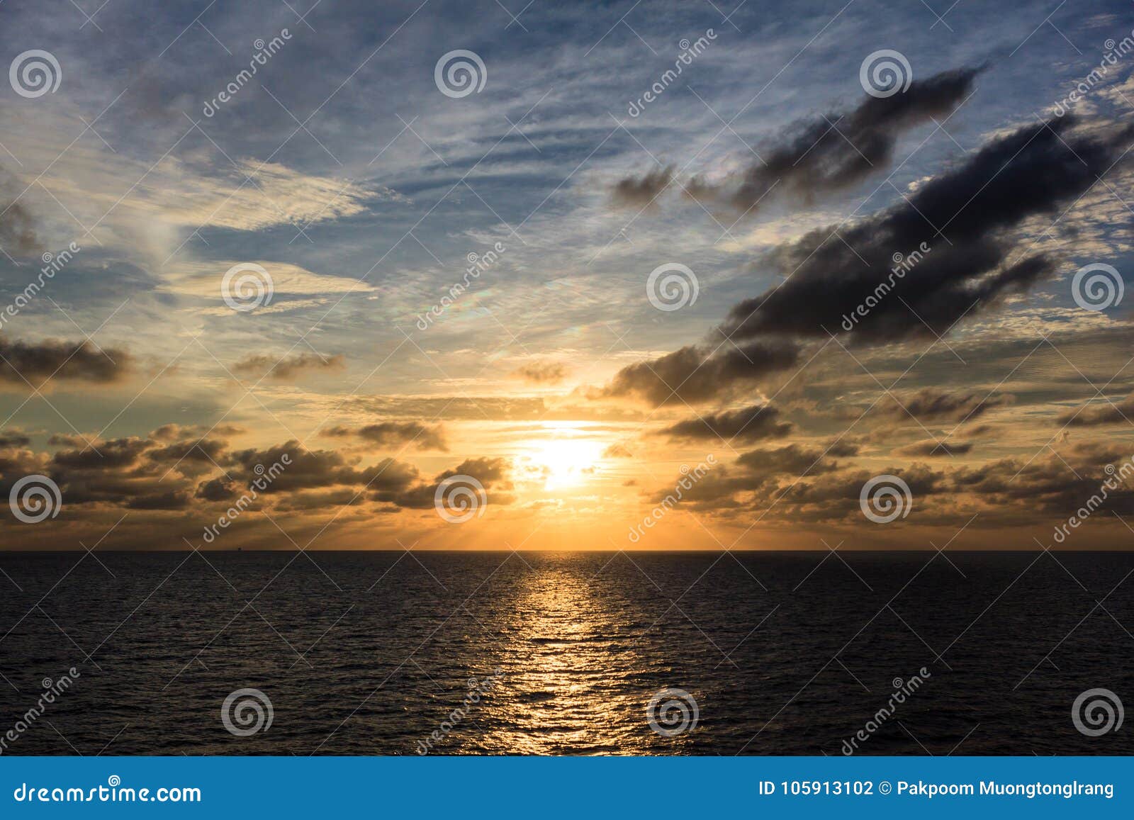 Blue Sea and Sky with Sun Red Light Reflexted in the Middle Sea Stock ...