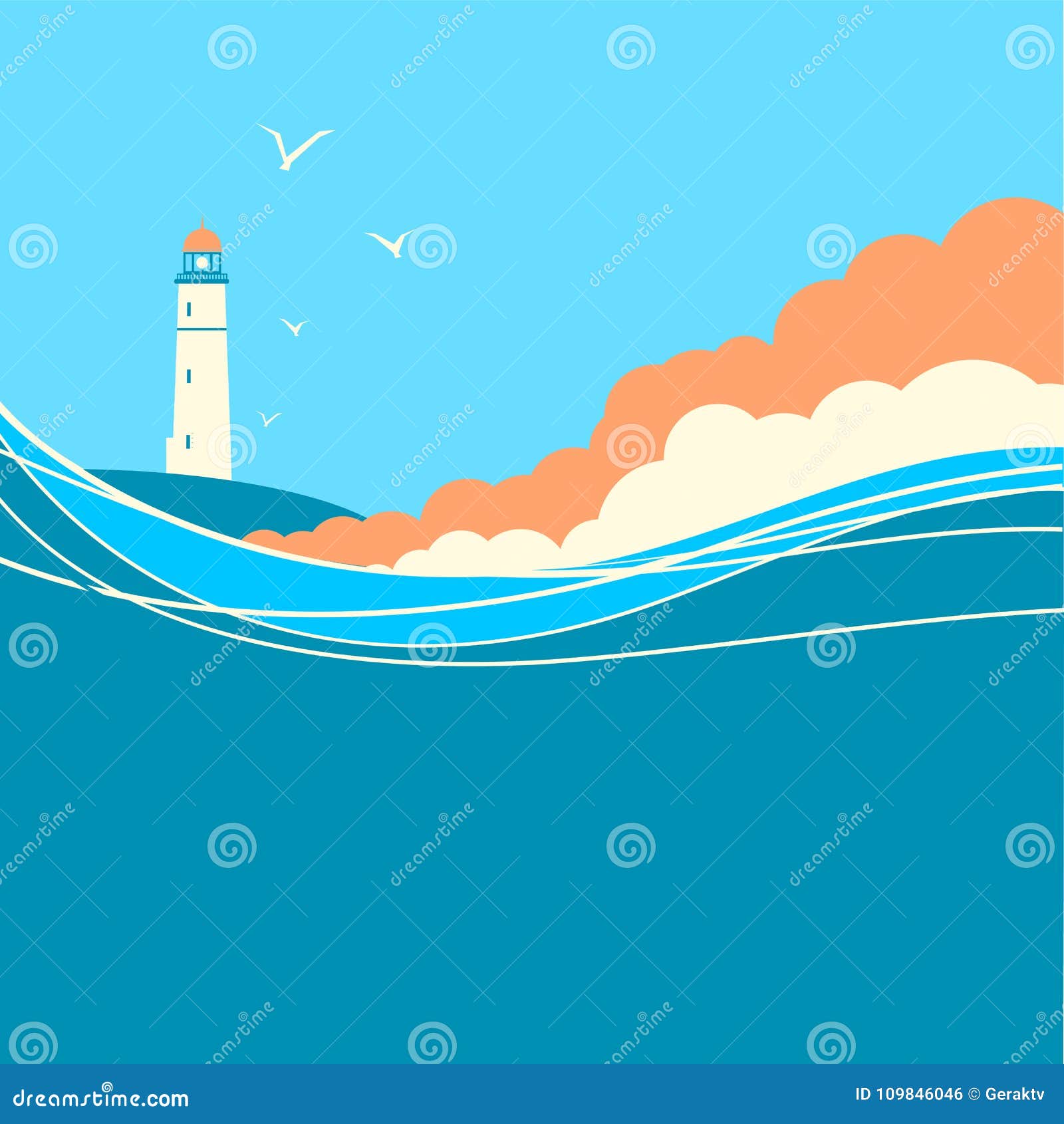 Blue Sea Waves with Lighthouse.Vector Nature Poster Stock Vector ...