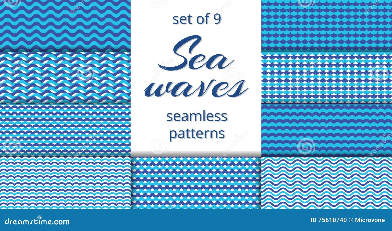Blue Sea Waves Patterns Collection Stock Vector - Illustration of ...