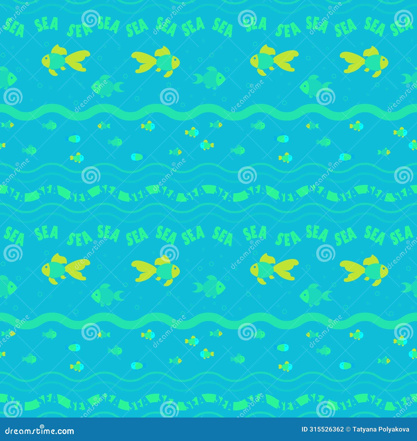 Blue Seamless Marine Pattern with Turquoise Waves, Lettering, Cute Fish ...