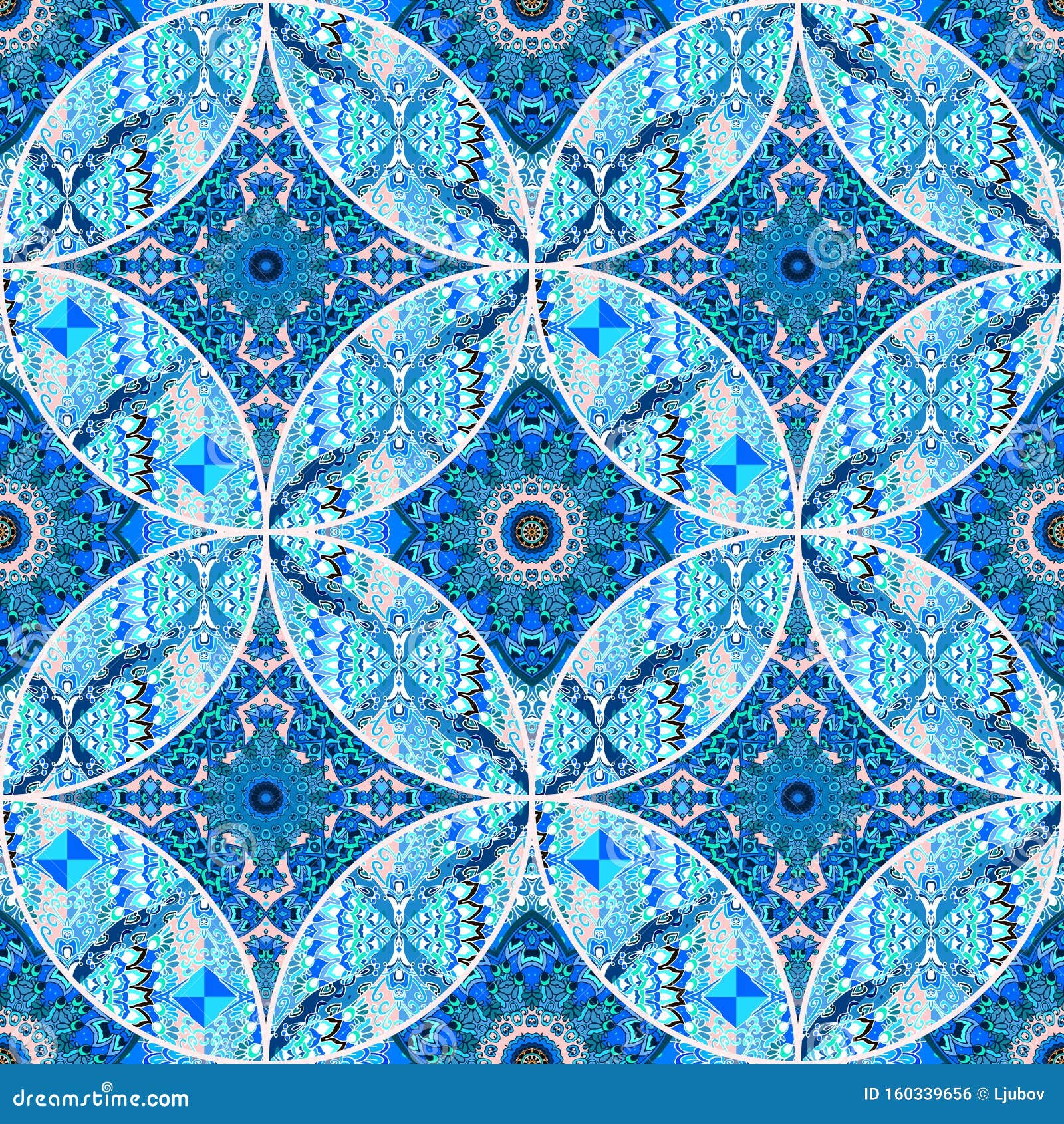 Blue Seamless Patchwork Pattern with Round Ornament from Mandalas Stock ...