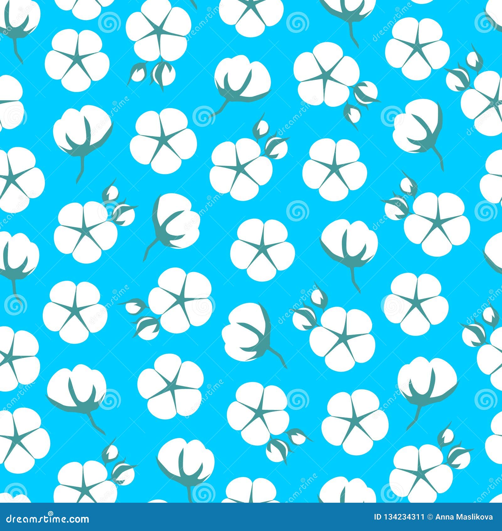 Blue Seamless Pattern of Cotton Bolls. Flat Style, Vector Illustration ...
