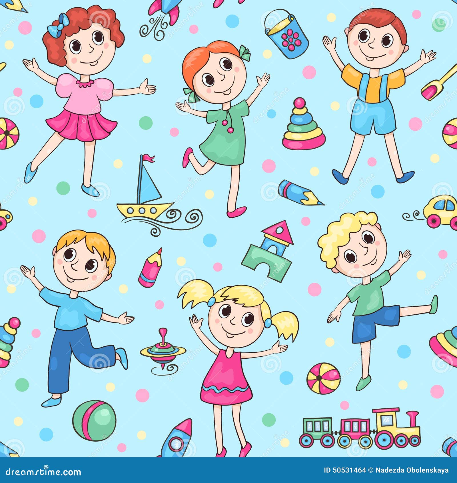 Blue Seamless Pattern with Happy Children Stock Vector - Illustration ...