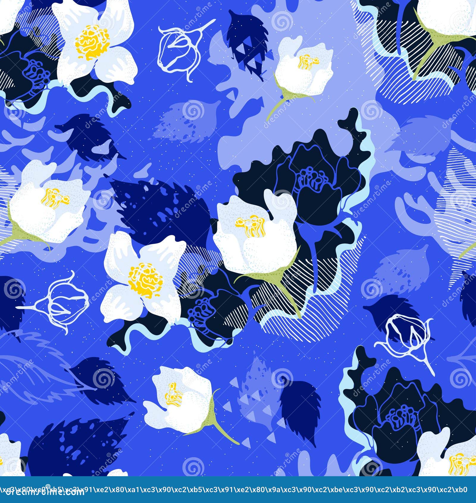 Blue Seamless Pattern with Jasmine Flowers and Leaves. Bright ...