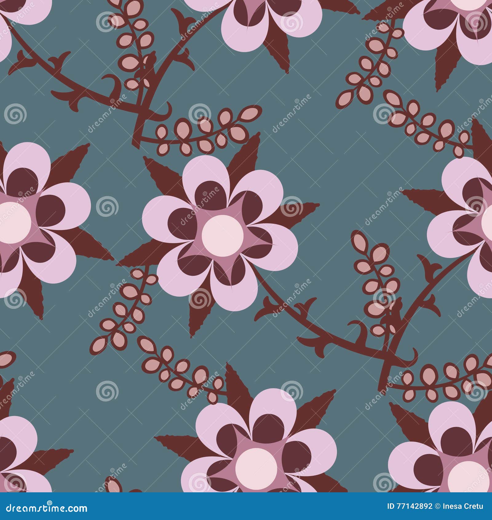 Blue Seamless Pattern with Pink Flowers Stock Vector - Illustration of ...