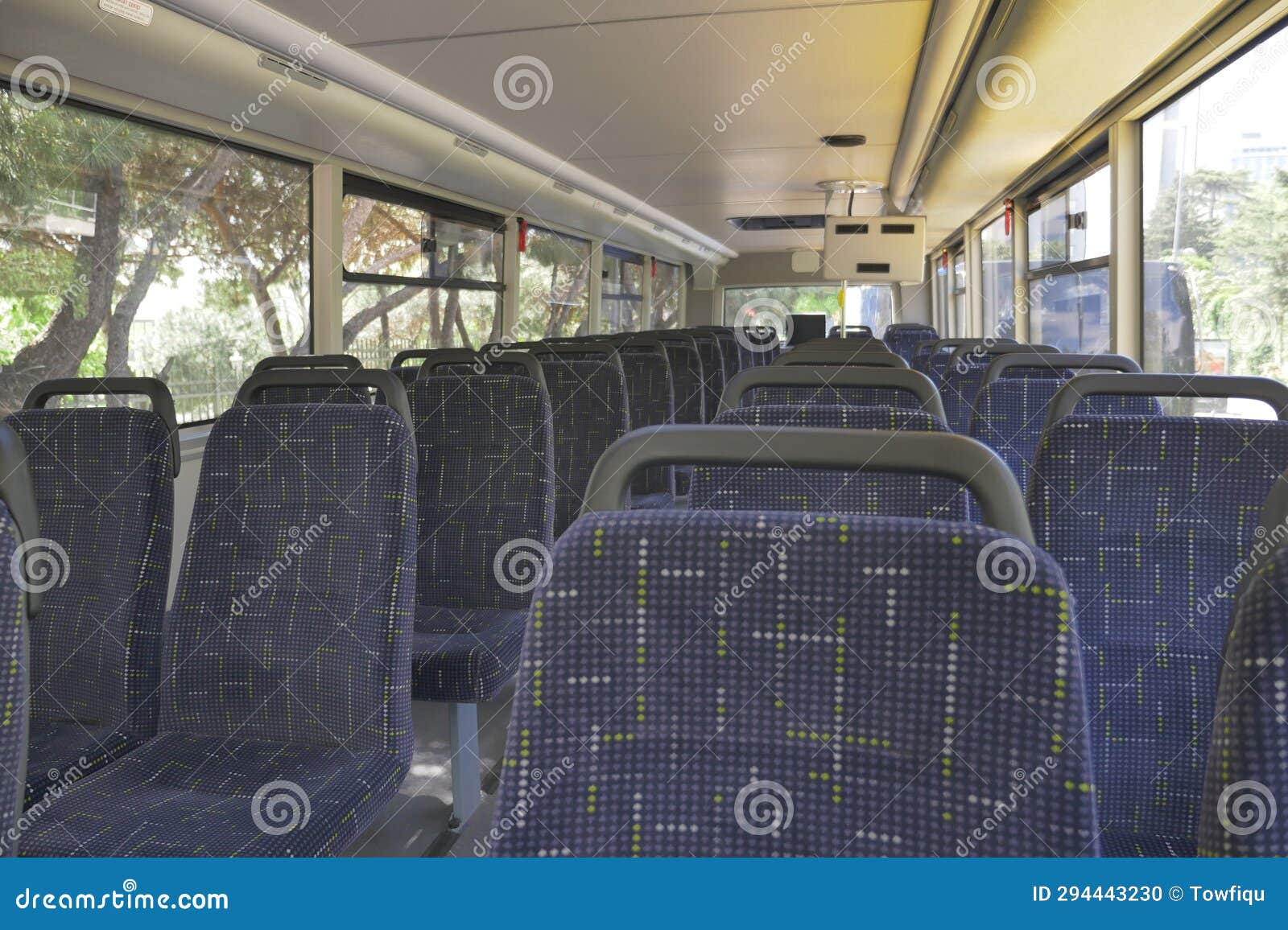 Blue Seats Inside of Empty City Bus. Stock Photo - Image of carry ...