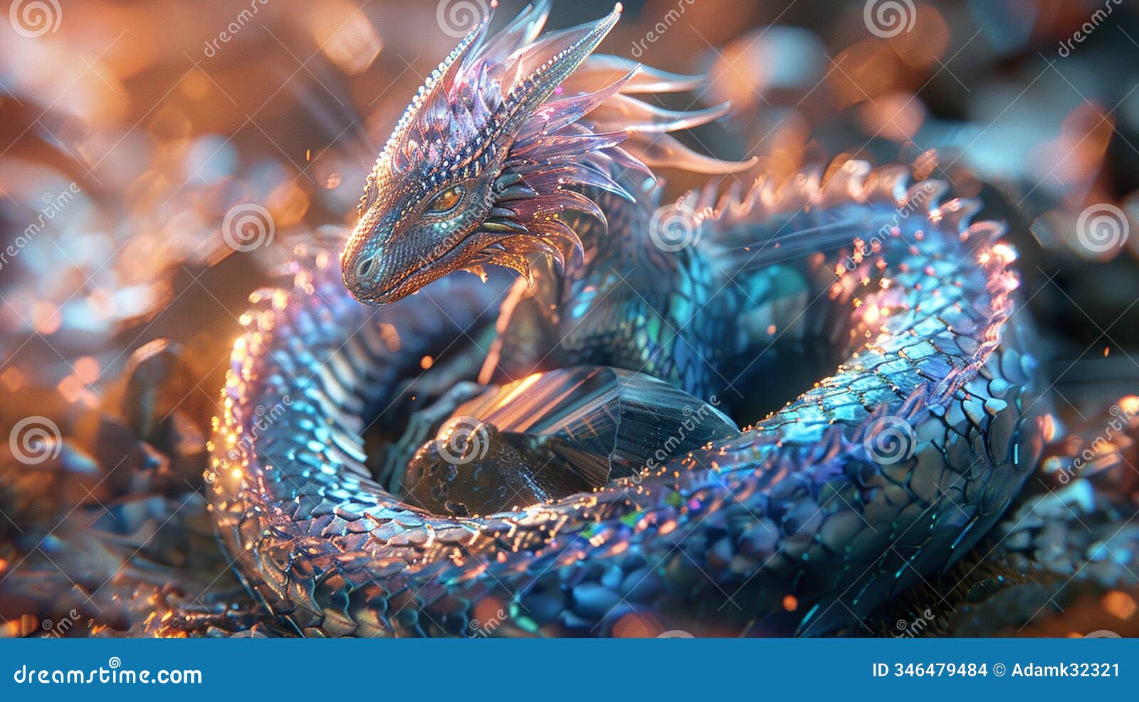 Blue Serpent Dragon Coiled in Sparkling Gemstones Fantasy Illustration ...