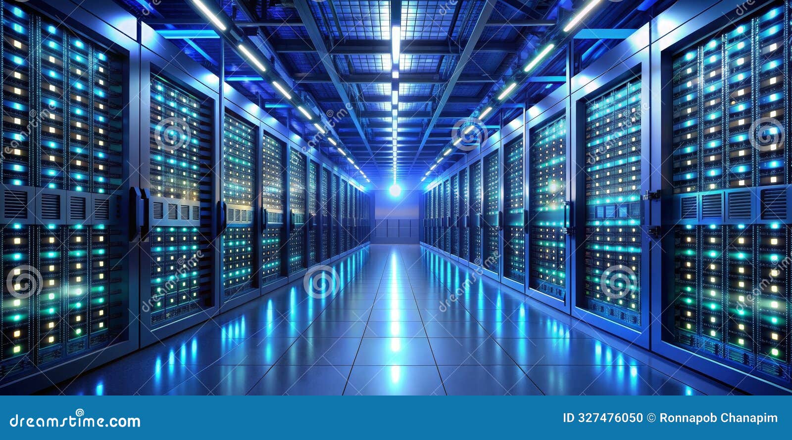 Blue Server Room Lights Reflecting on Floor, Data Center, Server Farm ...