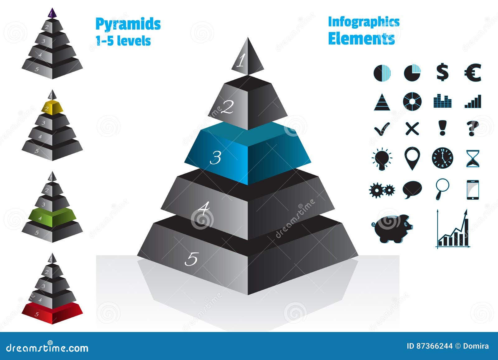 Blue Set of Isometry Symmetrical Pyramid Charts, Diagram 5 Levels with ...