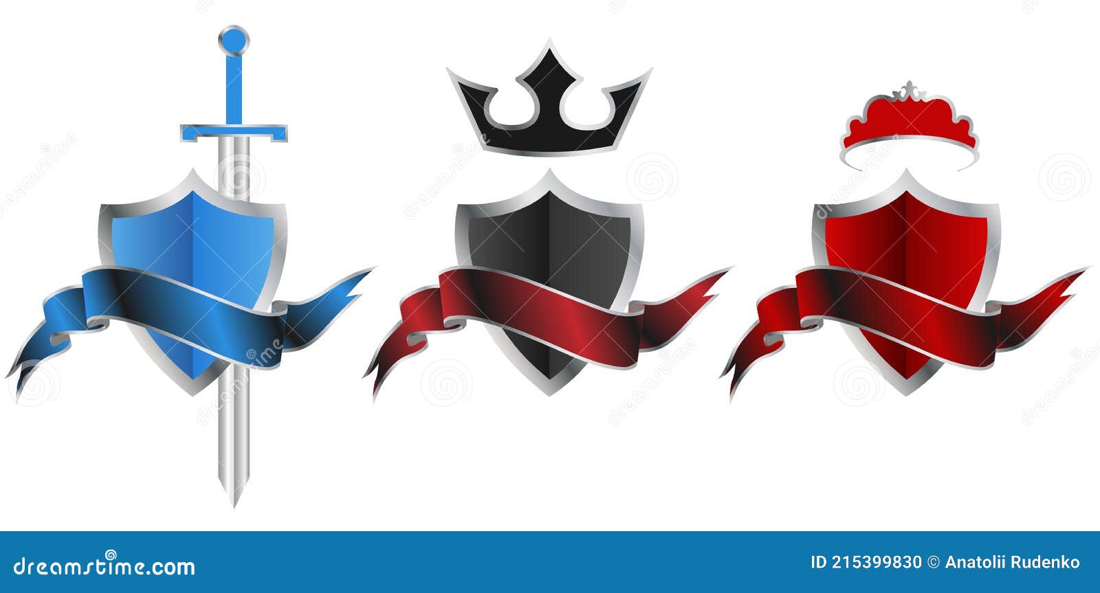 Three shields with ribbon stock vector. Illustration of design - 215399830
