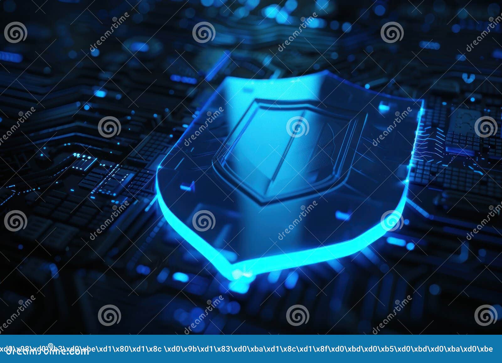 A Blue Shield Symbol Glowing on a Dark Technology Background Stock ...