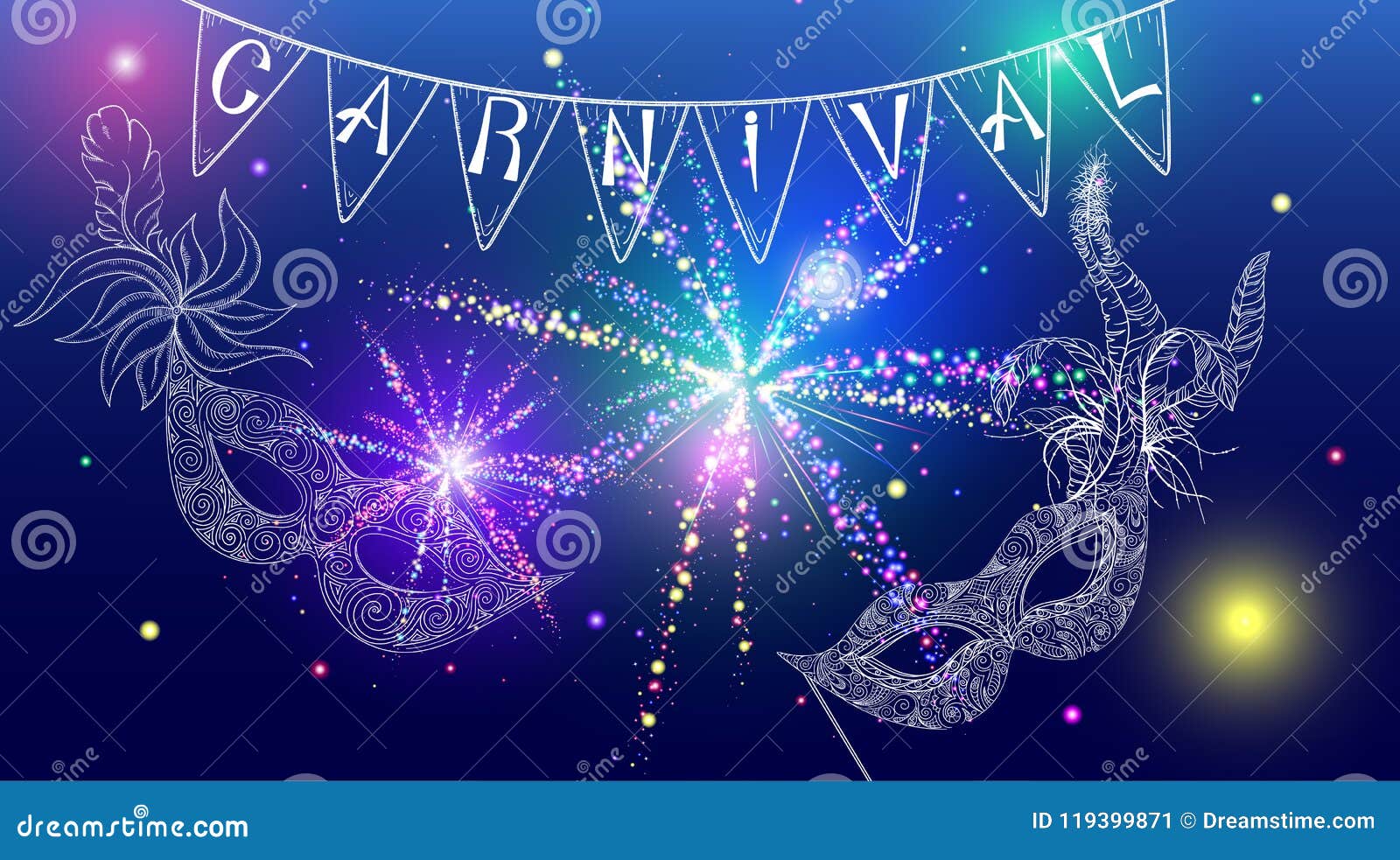 Blue Shiny Carnival Background with Masks and Firework. Stock Vector ...
